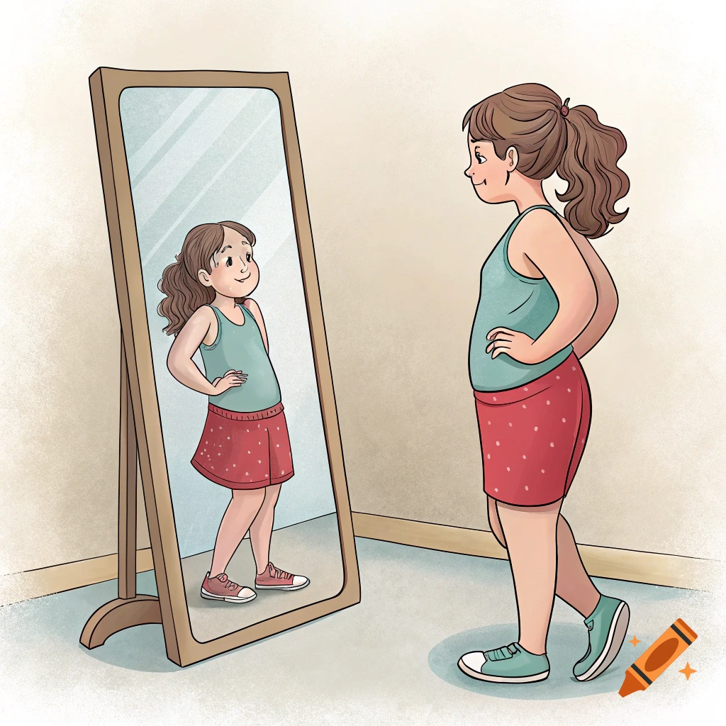 Illustration of a girl smiling at her reflection in a full-length ...