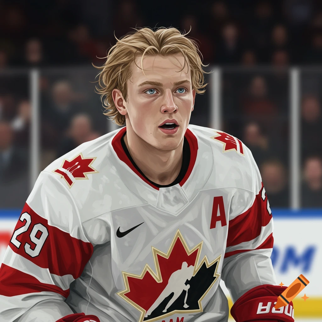 Hockey player, blond hair, blue eyes, Team Canada captain 2035, number ...