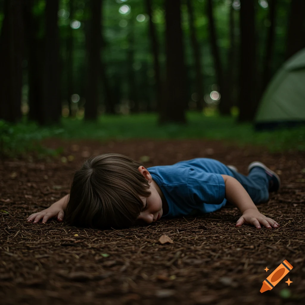 Little boy falls in forest at night, horror movie scene on Craiyon