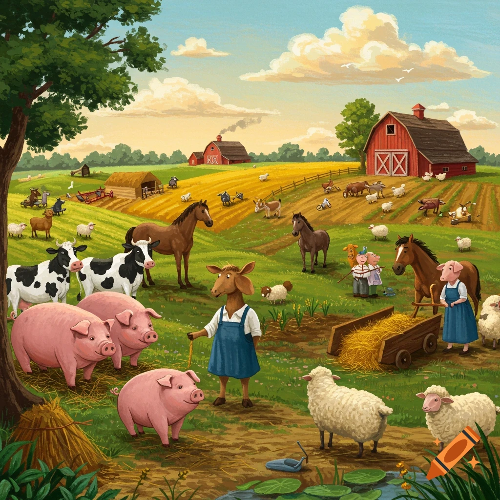 Two cartoon pigs talk to a wolf in a storybook countryside scene with ...