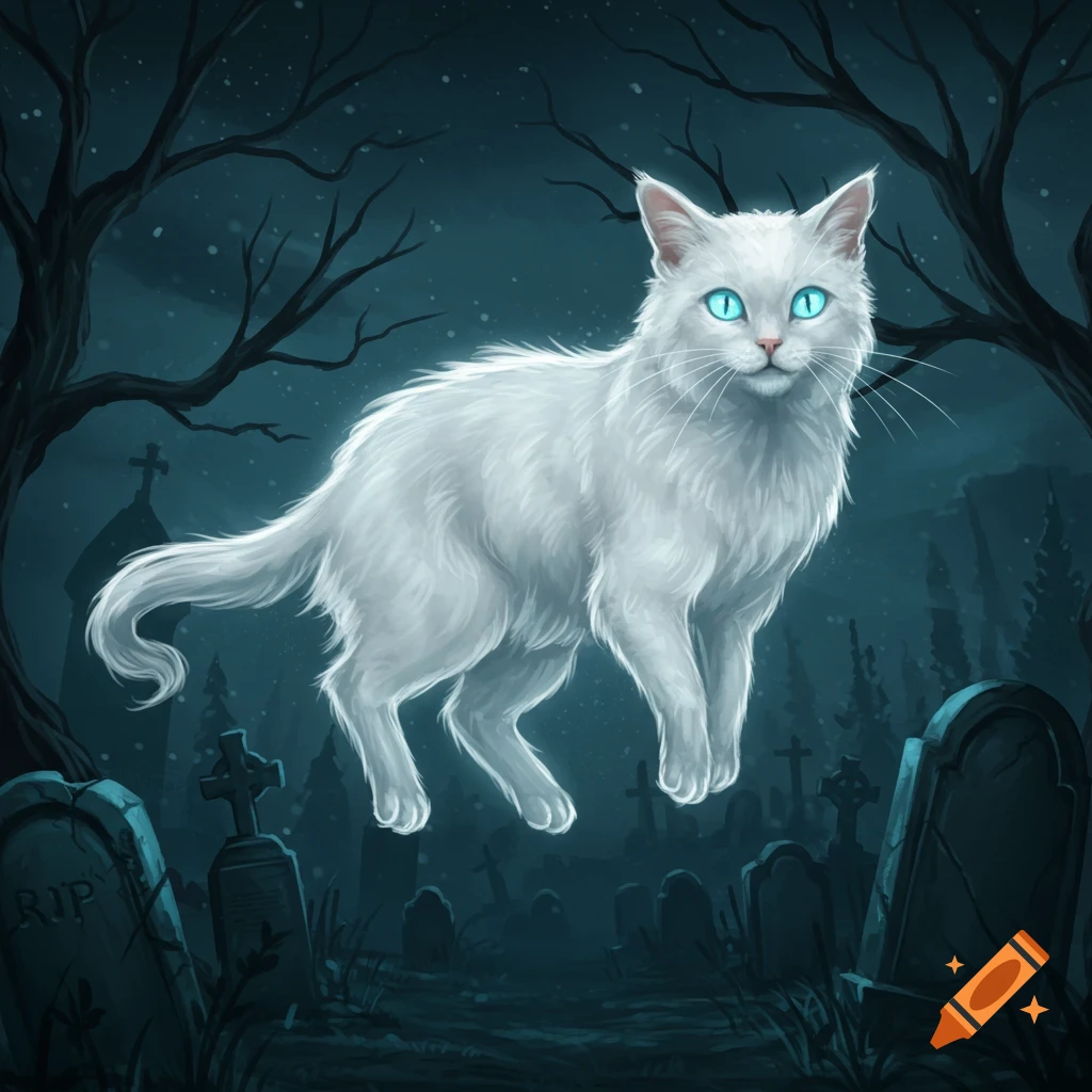 A glowing, ethereal white cat with bright blue eyes walks through a ...