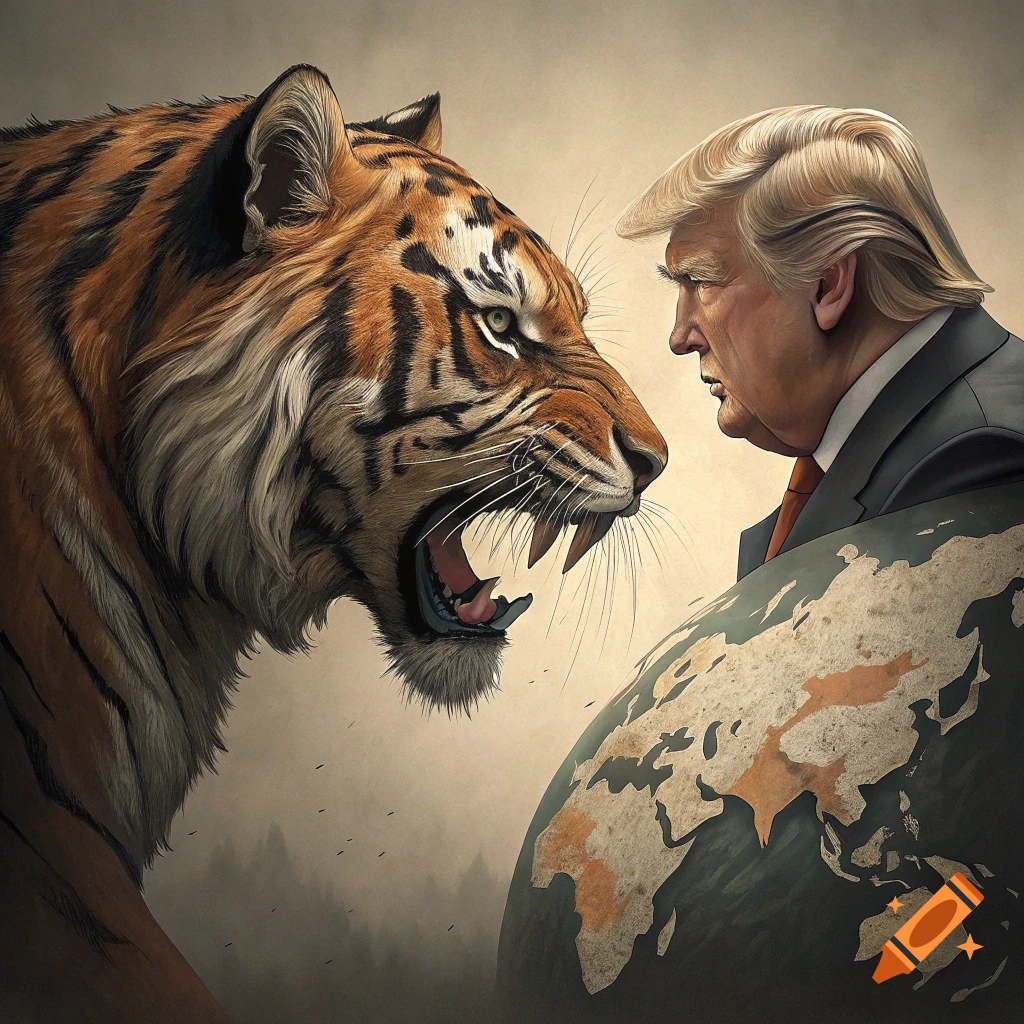 Raging tiger with world map coat facing Donald Trump on Craiyon
