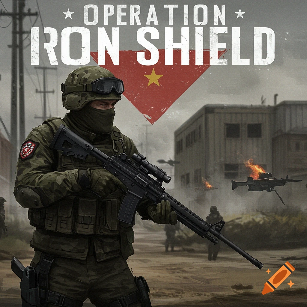 Operation Iron Shield game cover art featuring elite operators. on Craiyon