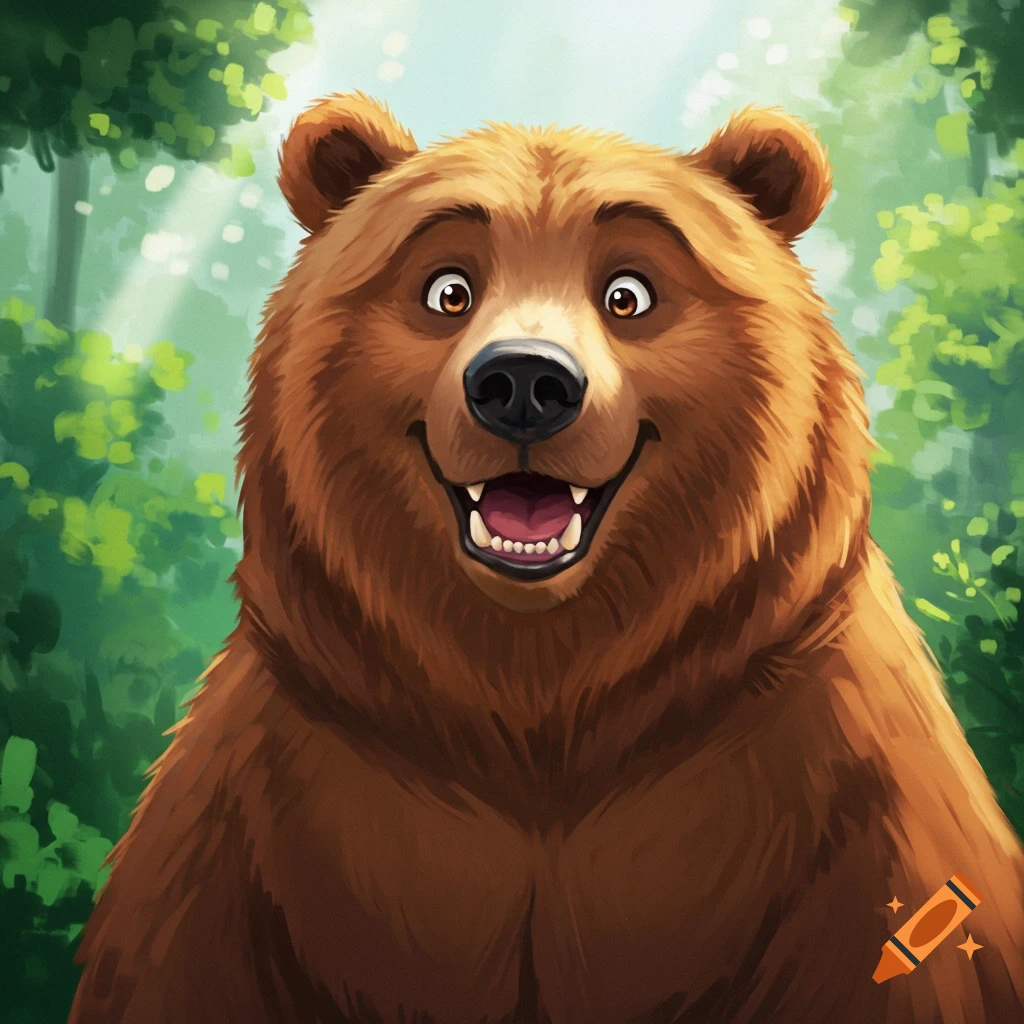 A close-up portrait of a brown bear roaring, showing large teeth, in a forest setting. on Craiyon