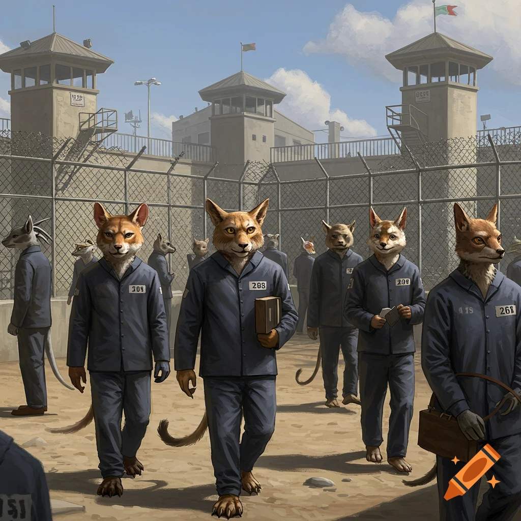 Humanoid animals in prison yard with guard towers on Craiyon
