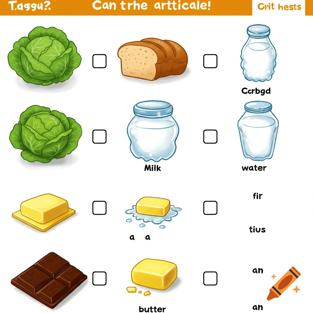 Worksheet images of cabbage, bread, milk, water, butter, and chocolate ...