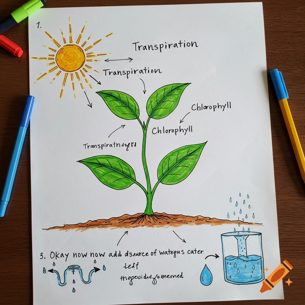 Diagram of plant transpiration with sun and chlorophyll on Craiyon