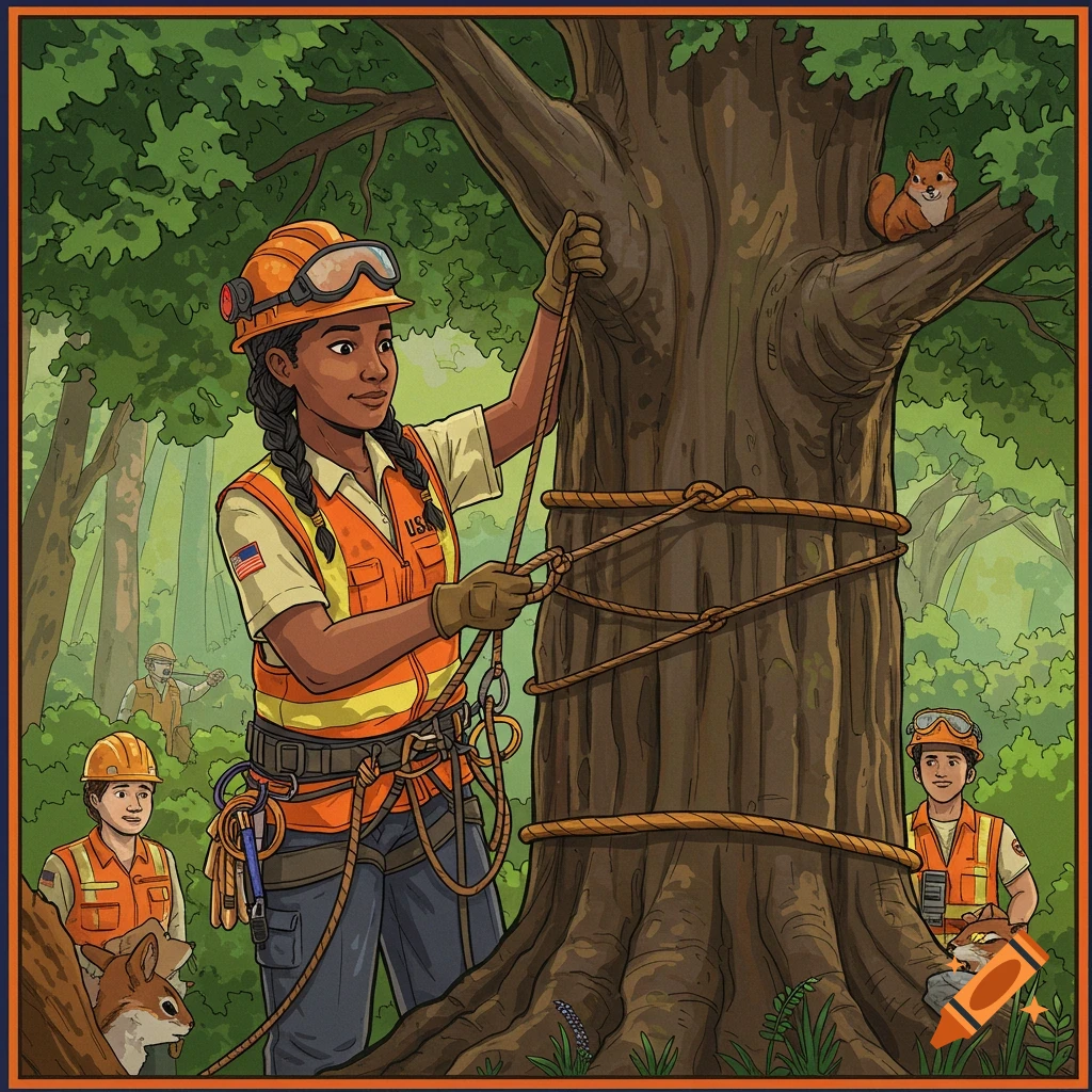 An aerial cartoon illustration of loggers cutting trees and moving logs ...