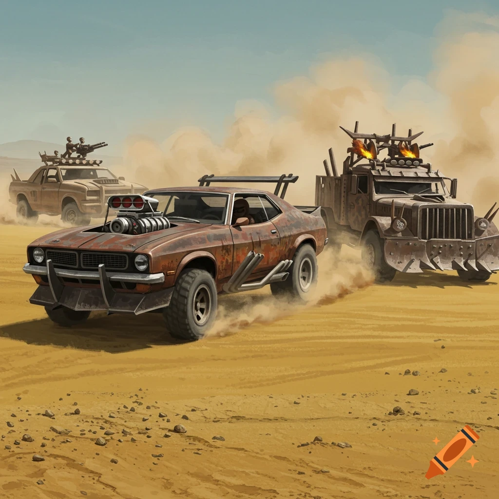 Three rusty, customized post-apocalyptic vehicles are racing in a ...