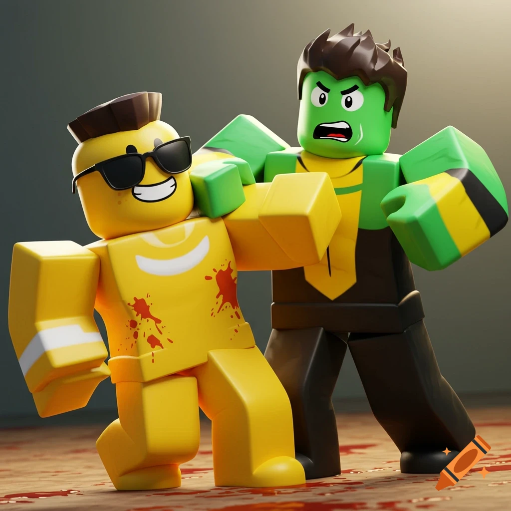 Cartoon of two Roblox characters fighting in a comic style with blood ...