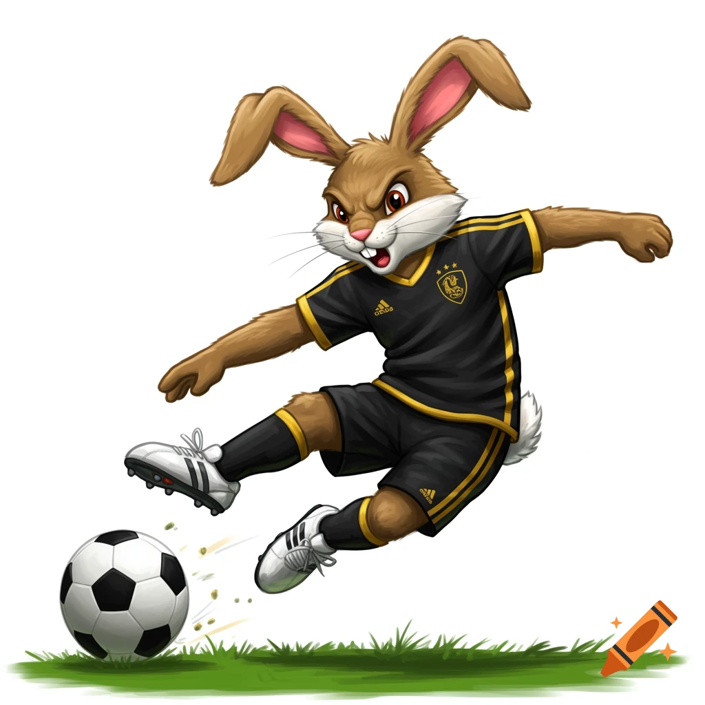 Easter bunny kicking a soccer ball in a black, gold, and white uniform ...