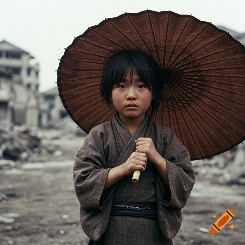 Poverty-stricken Japanese girl with umbrella, post-war on Craiyon