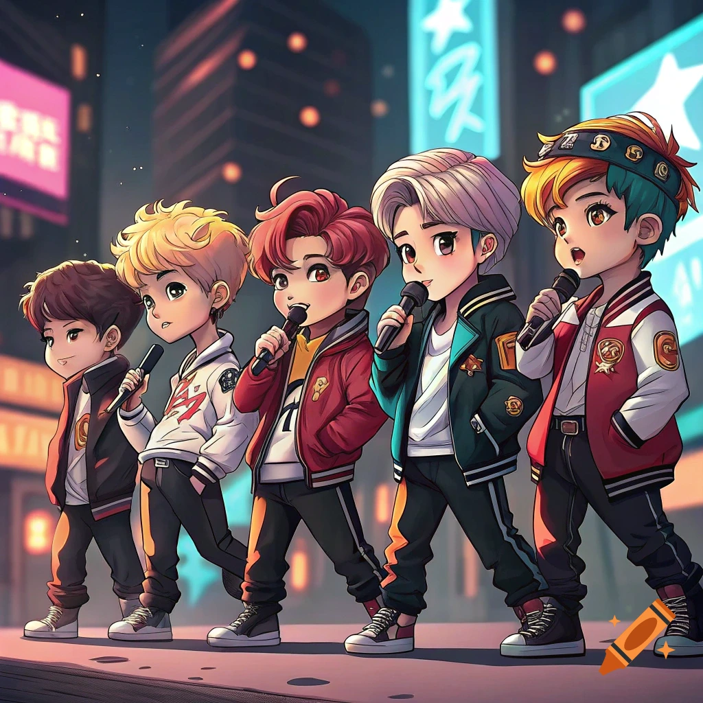 Cartoon style kpop boy group singing with microphones on a city street ...