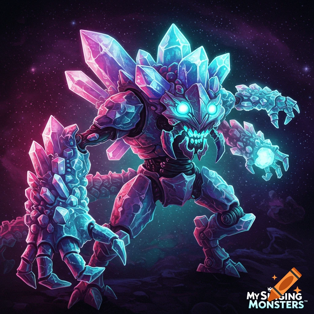 A mechanical monster covered in glowing crystals stands in space. on ...