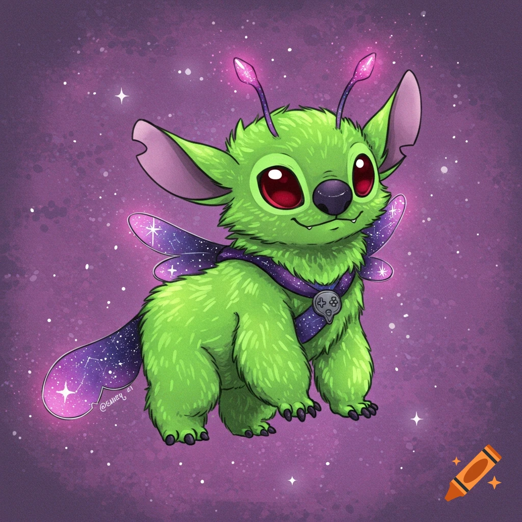 Anime watercolor illustration of a neon-green Stitchsona alien ...