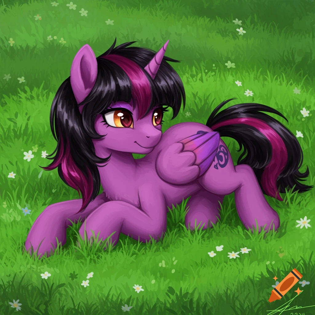 My Little Pony OC with black and purple split dye hair lying in a green ...