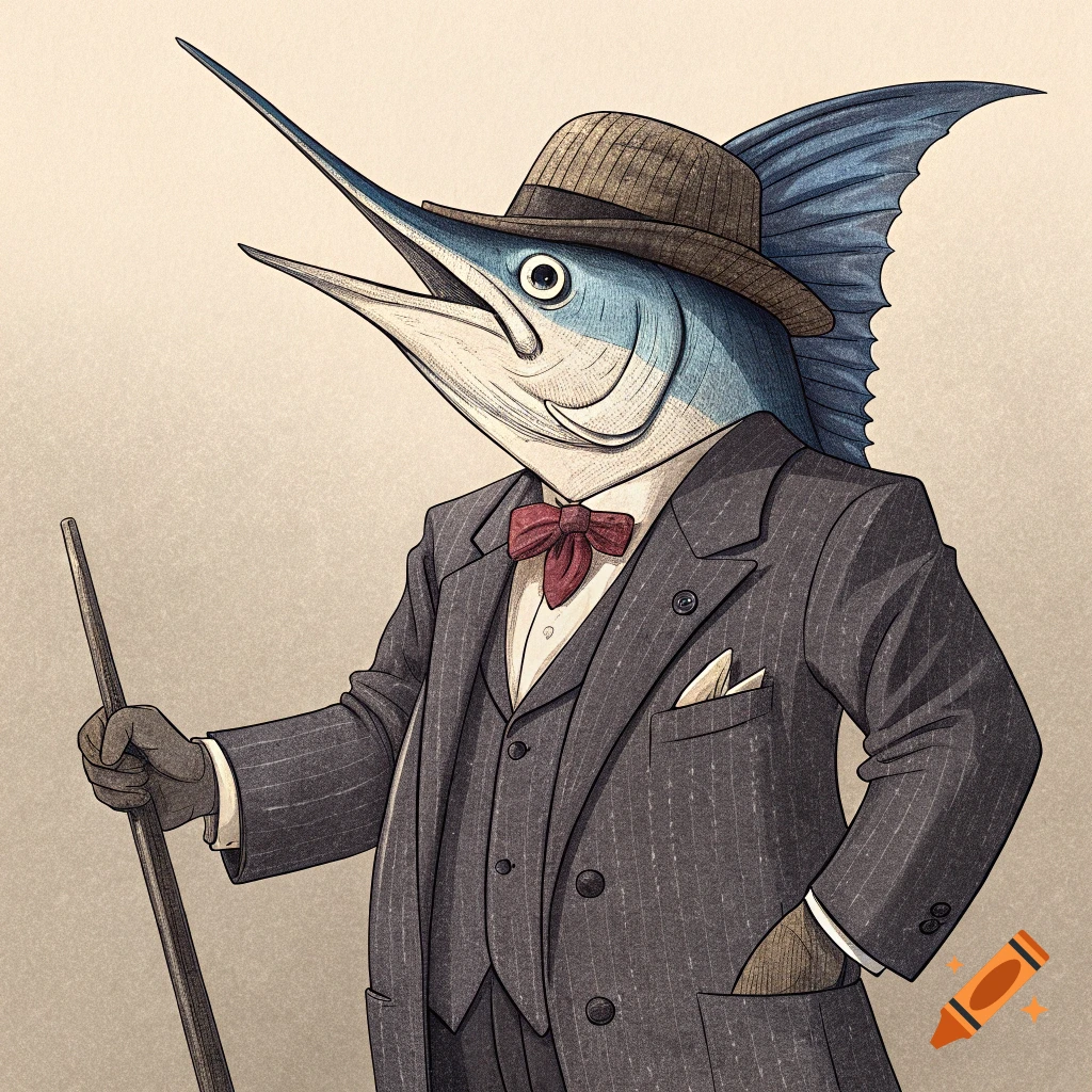 Line drawing illustration of a blue and purple marlin jumping within a ...