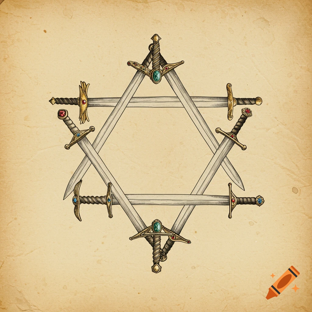 Star of David with six detailed sword sketches on parchment on Craiyon