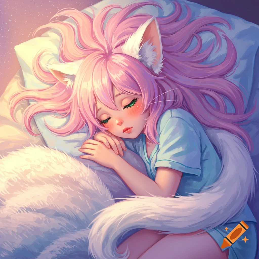 Sleeping anime girl with pink hair, cat ears, and a fluffy tail in a ...