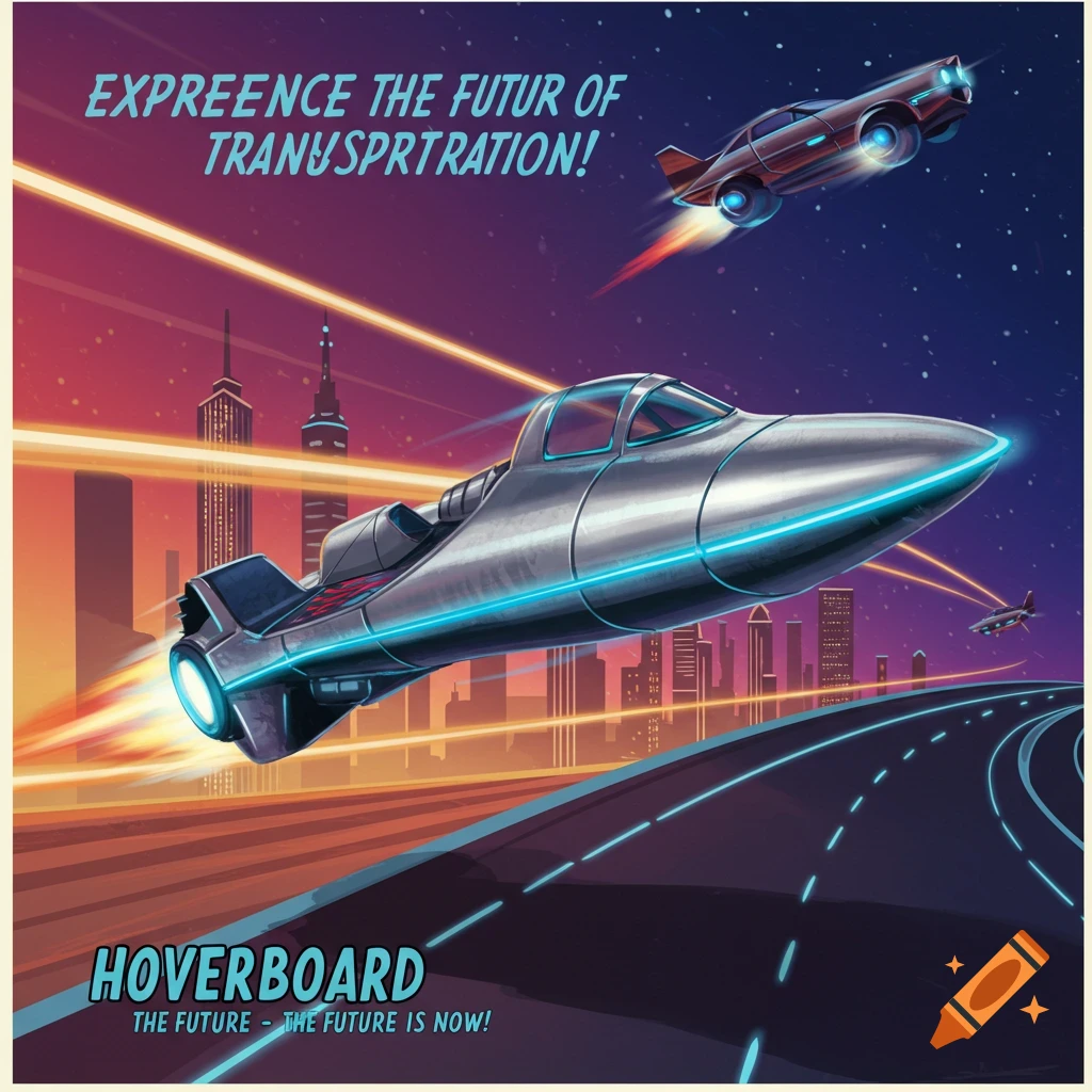 Retro-futuristic advertisement for Back to the Future hoverboard on Craiyon