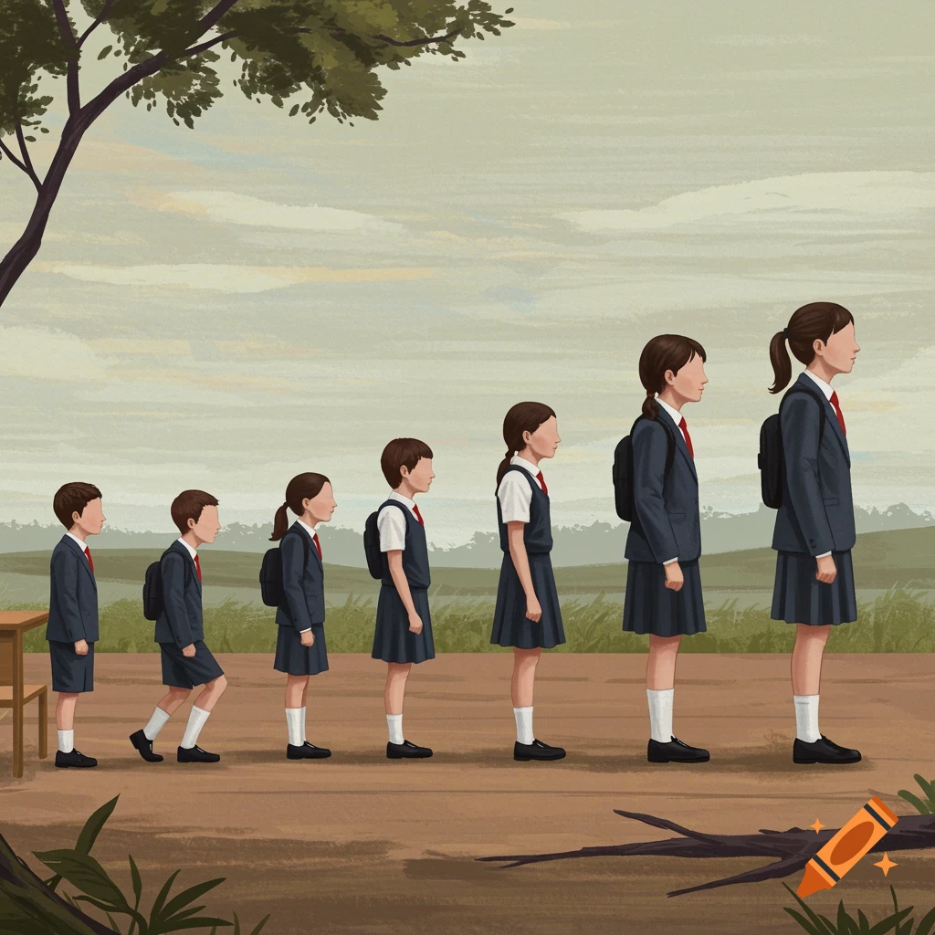 Anagenesis concept with schoolchildren in uniform, faces hidden on Craiyon