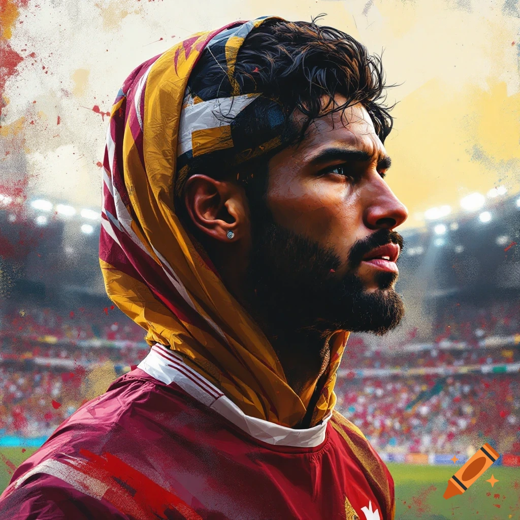 Close-up, photorealistic portrait of a sweating male soccer player in a ...