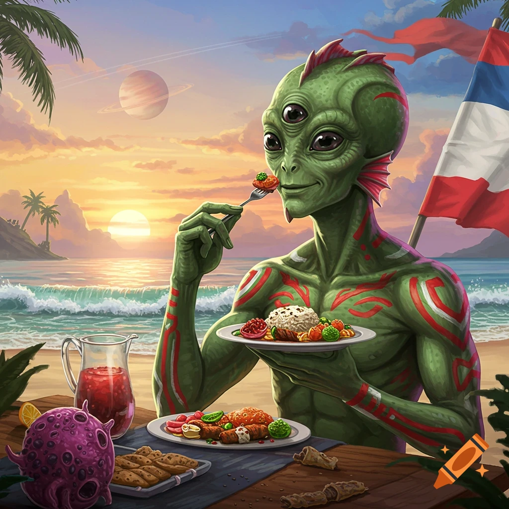 Patriotic alien enjoying food on vacation in a war-torn galaxy on Craiyon