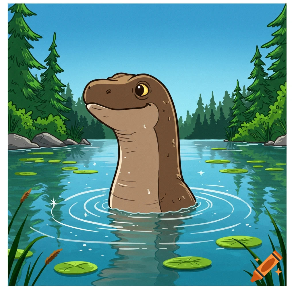 Cartoon of a brown creature's head emerging from a lake surrounded by ...