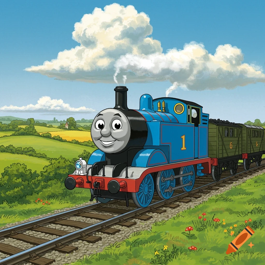 A colorful illustration of Thomas the Tank Engine on train tracks in a grassy landscape with ...
