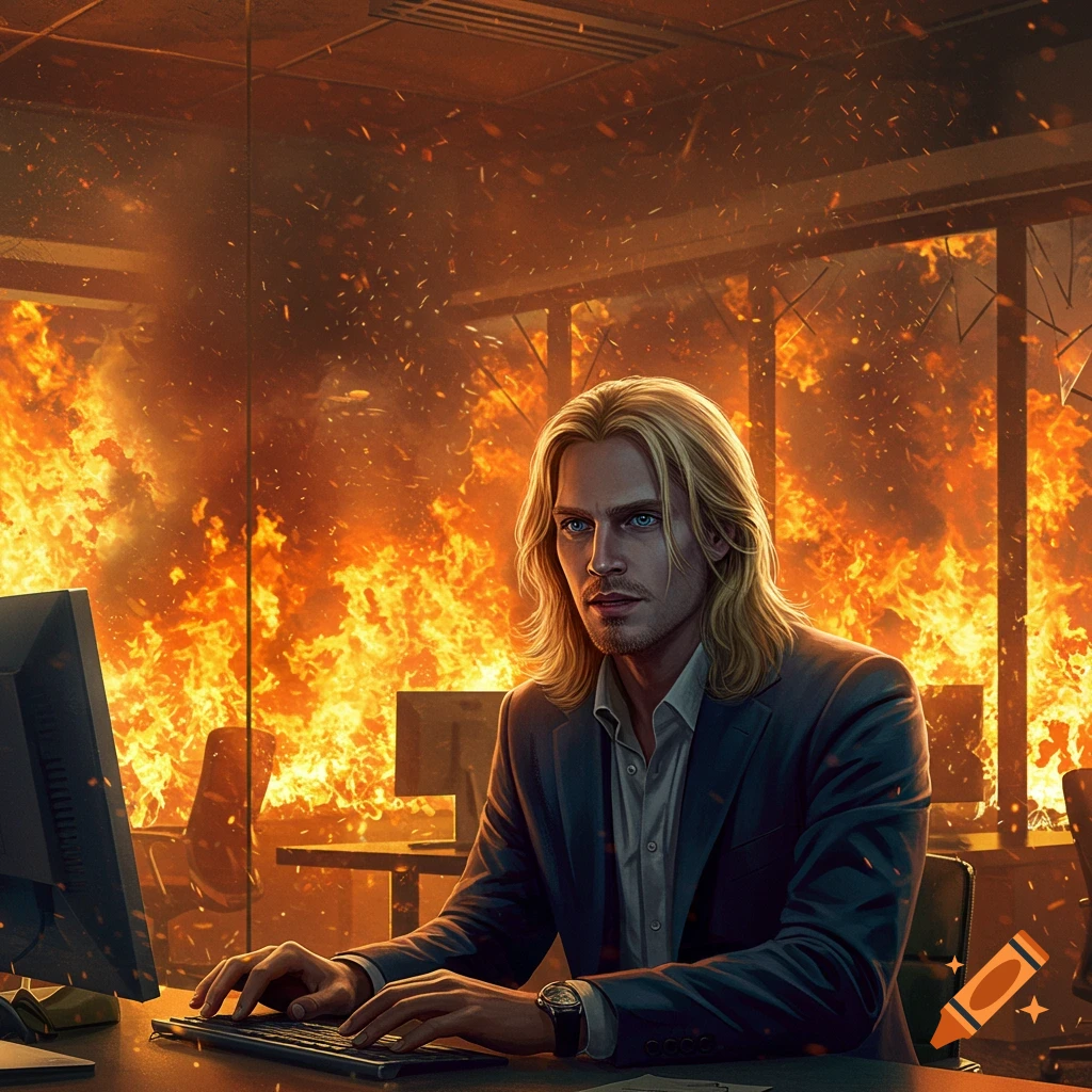 Handsome blonde man using computer in burning office on Craiyon