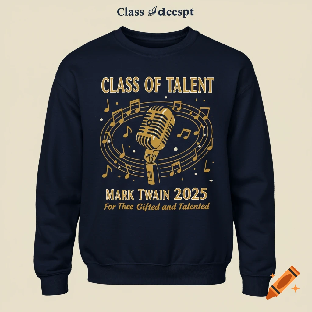 Dark blue sweater with gold design featuring a microphone, music notes ...