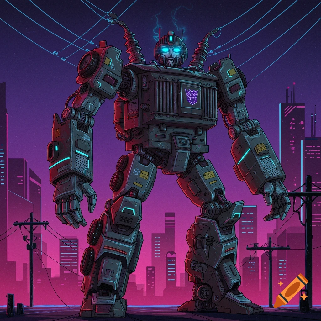 A transformer robot made from a red 1993 Mustang convertible stands in a stylized city at sunset ...