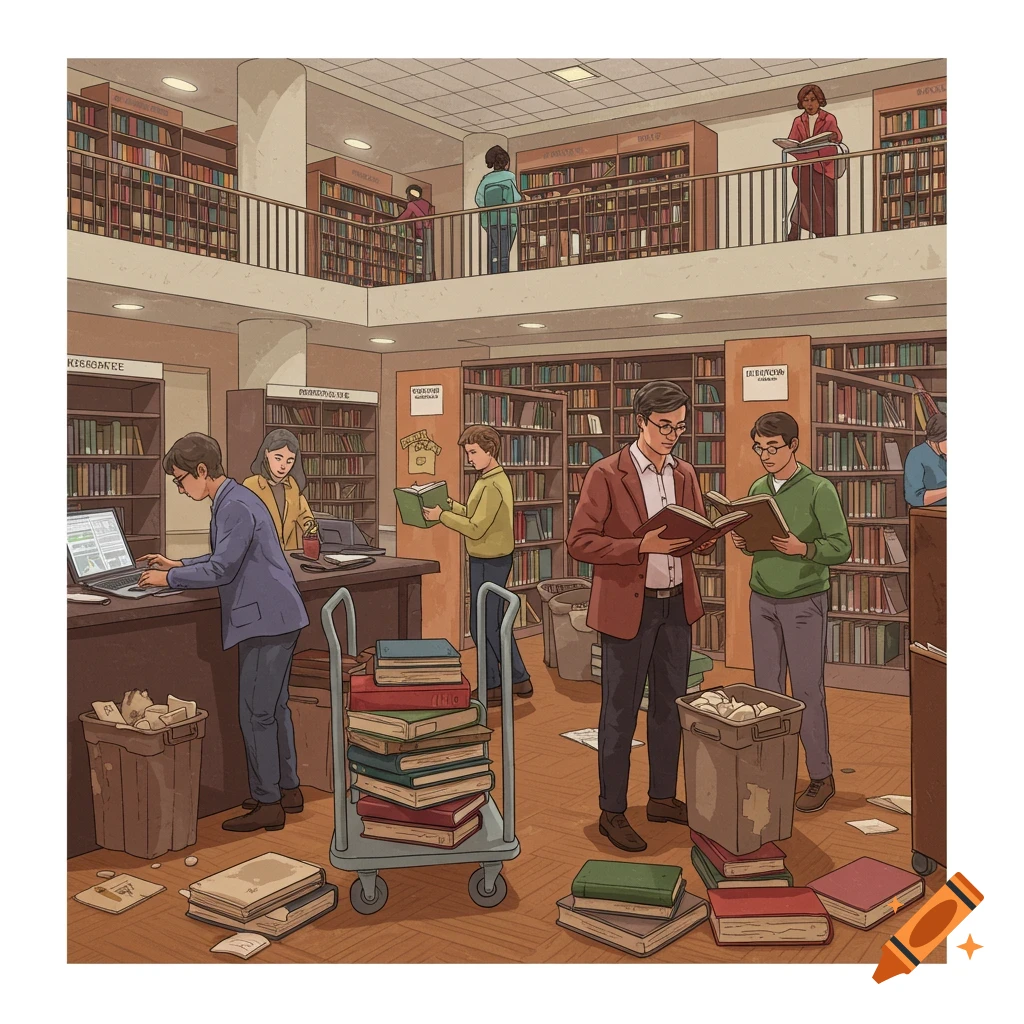 Librarians weeding old books in a modern college library on Craiyon