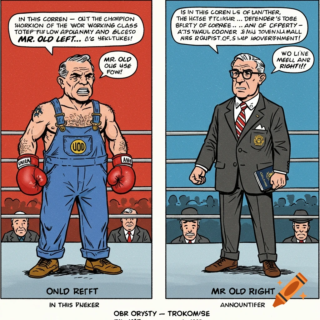 Comic panel of Mr. Old Left vs. Mr. Old Right in a boxing ring. on Craiyon