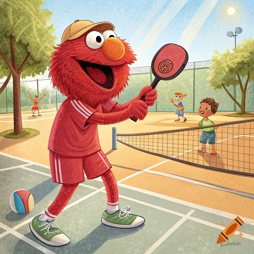 Illustration of Elmo playing pickleball on a court with kids. on Craiyon