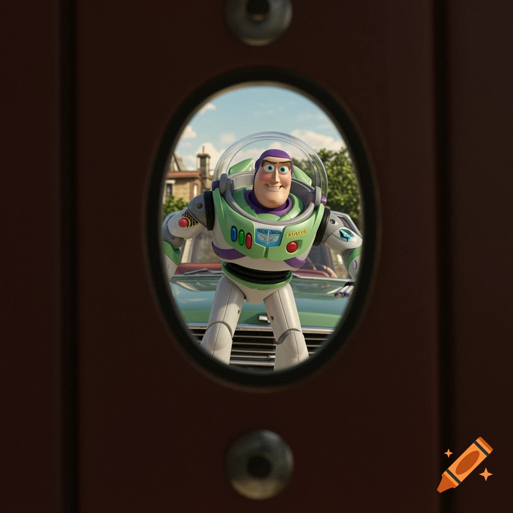 Peephole view of Buzz Lightyear in a car, fisheye lens effect on Craiyon