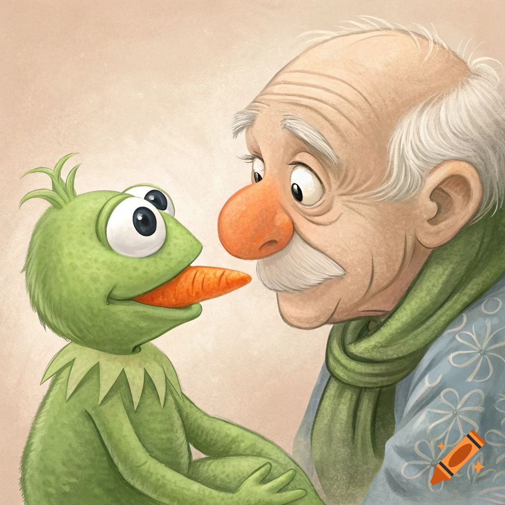 A cartoon illustration of Kermit the Frog looking at an old man with a ...