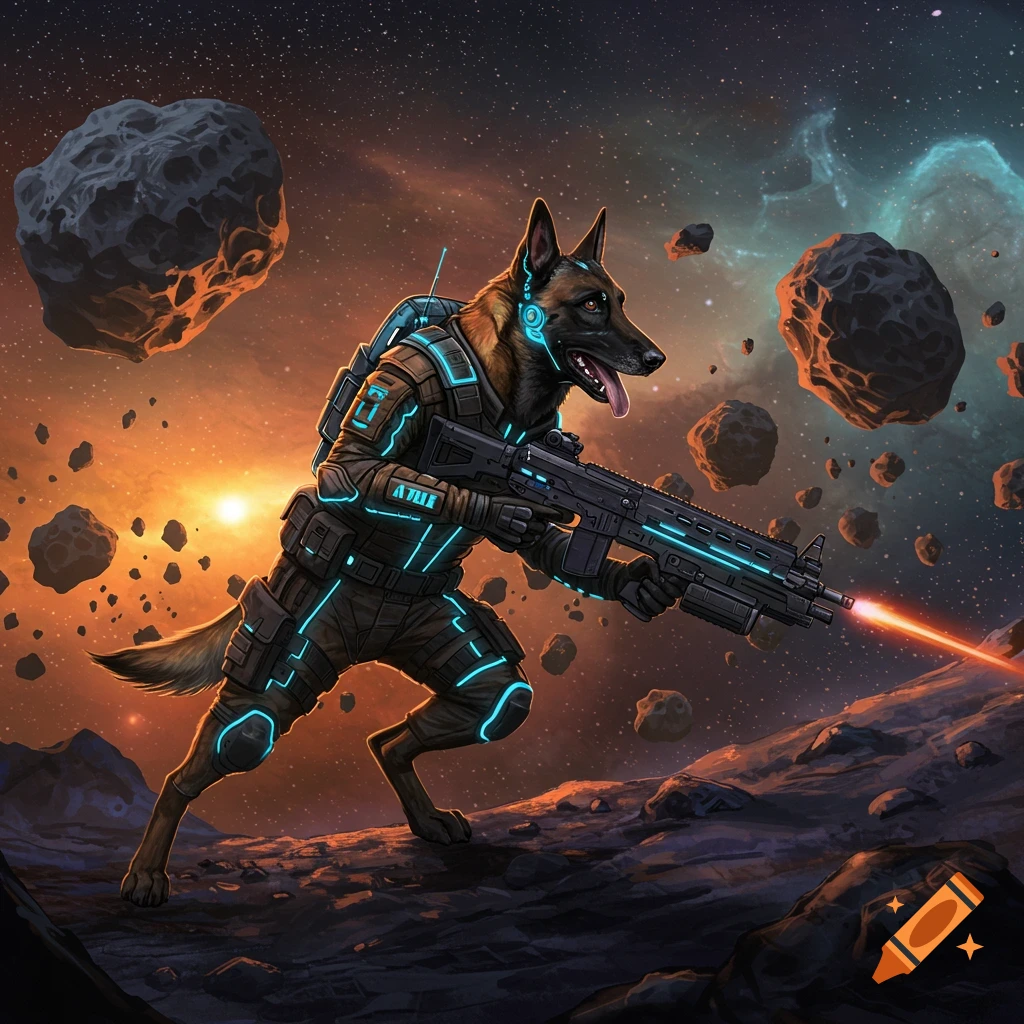 Border Collie in futuristic armor holding an electric spear in a stormy ...