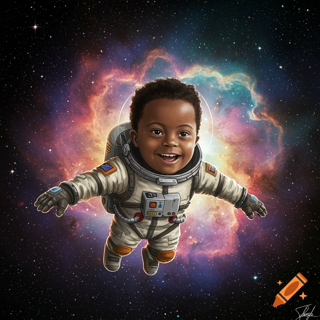 A black child astronaut floats in space with a joyful smile, surrounded ...