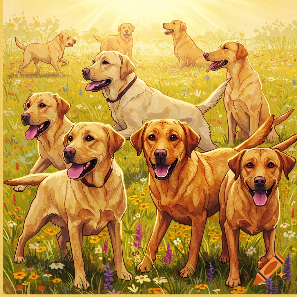 Multiple dogs playing in a sunny field filled with sunflowers and ...