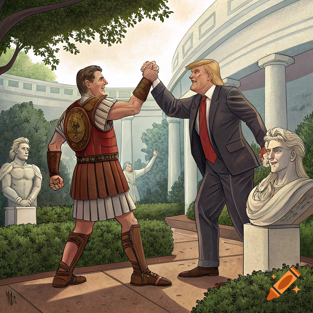 Ronald Reagan and Donald Trump in gladiator gear high-fiving in the ...