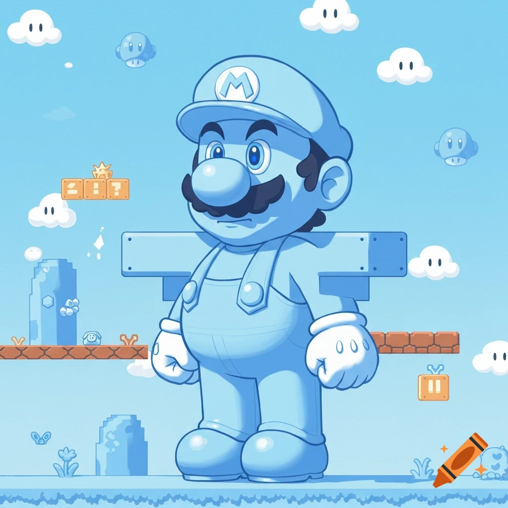 Baby blue Super Mario in T-pose with an R on Craiyon