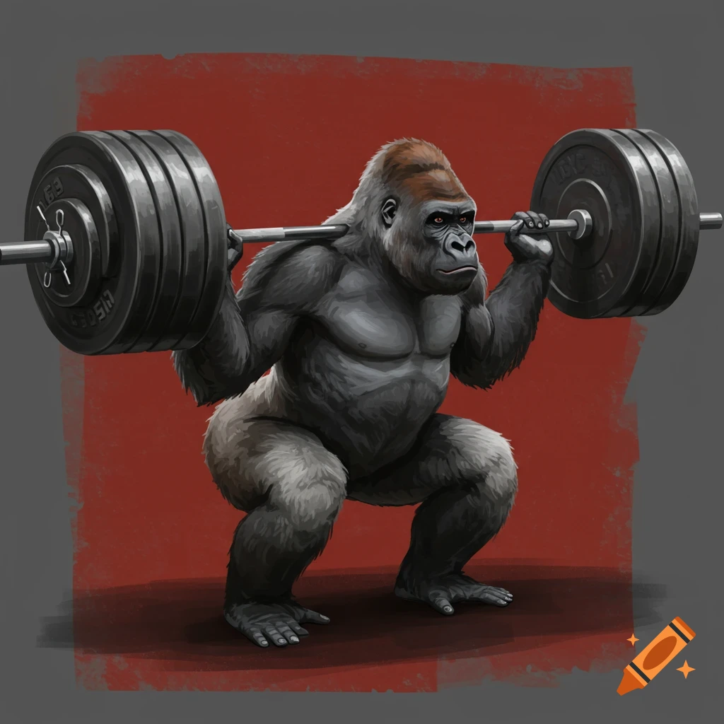 Silverback gorilla performing a heavy barbell squat on Craiyon
