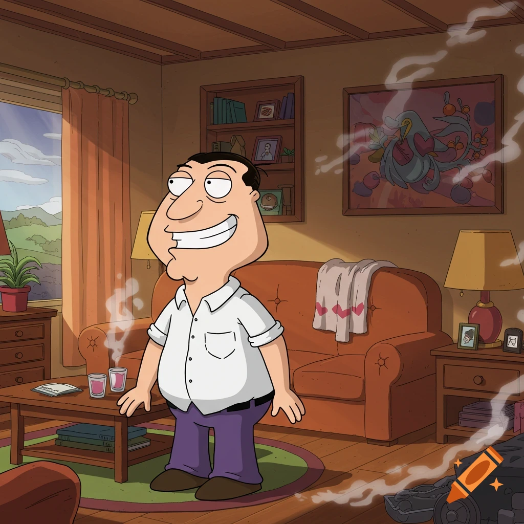 Cartoon character Quagmire wearing a Pikachu t-shirt in front of a ...