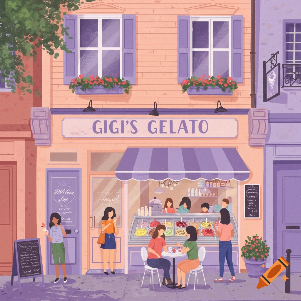 An illustration of a cozy gelato shop called Gigi's Gelato with people ...