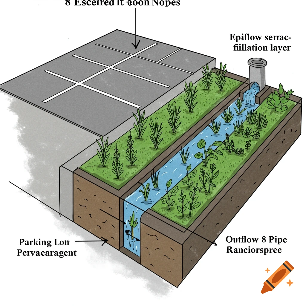 Diagram of water flow from parking lot through rain garden on Craiyon