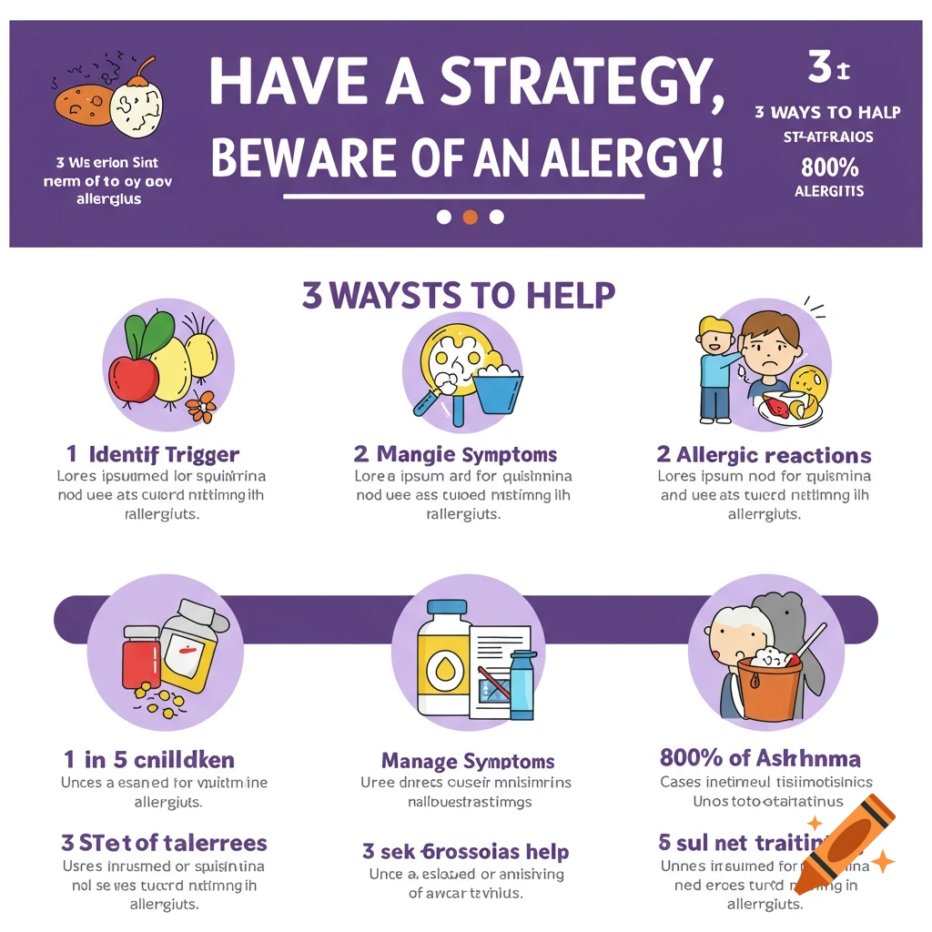 Allergies infographic with statistics and tips, slogan: "Have a strategy, Beware of an Allergy ...