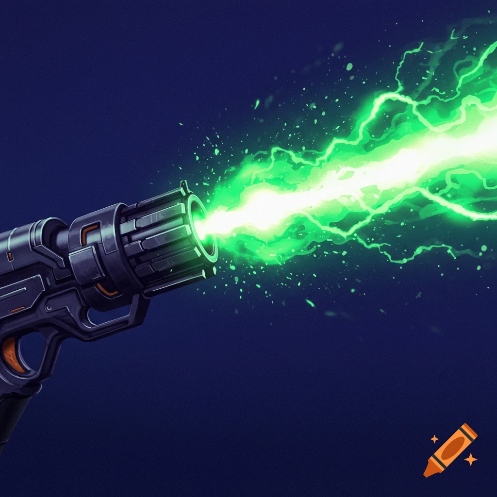 A futuristic gun fires a bright green energy beam. on Craiyon