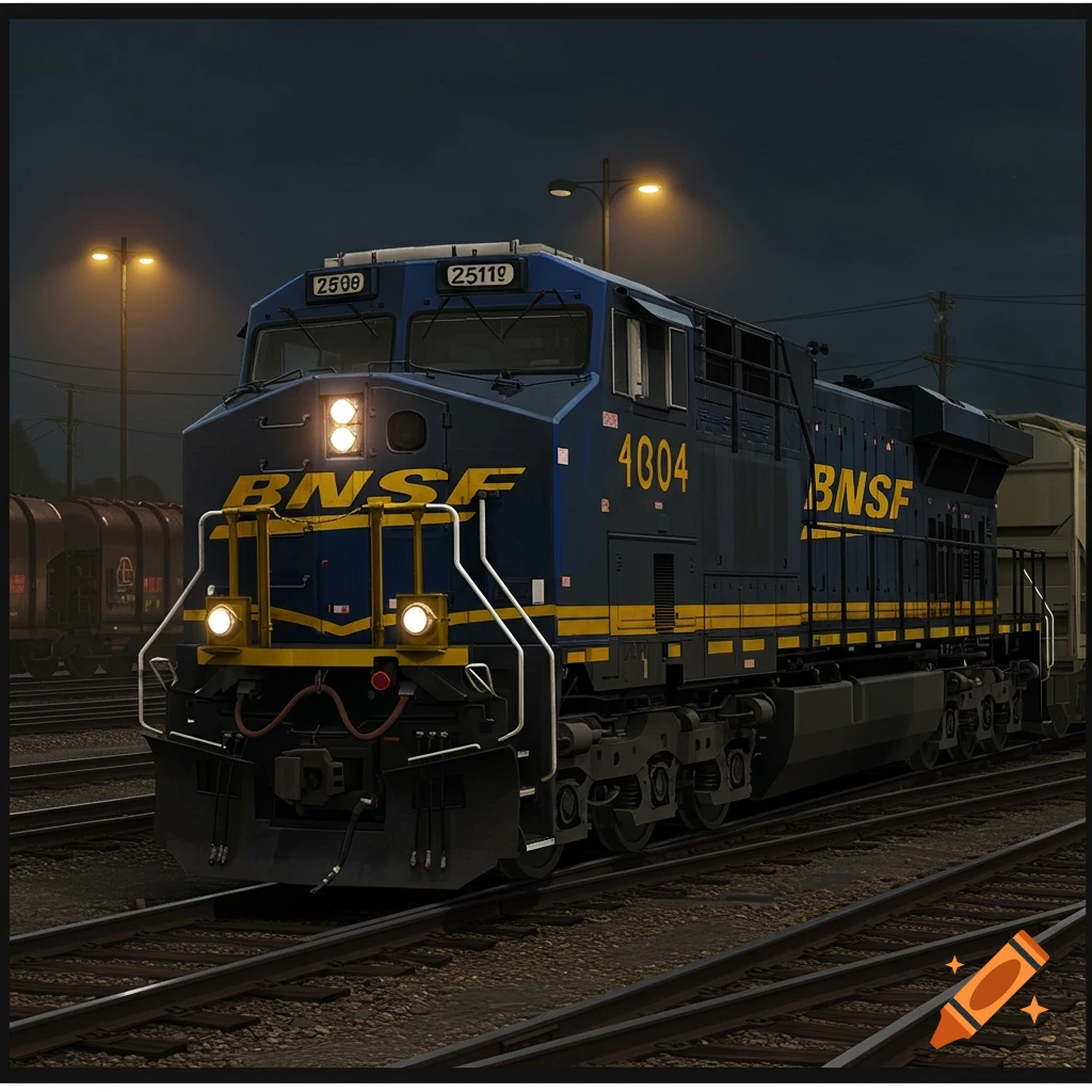 A blue and yellow BNSF train locomotive at night. on Craiyon