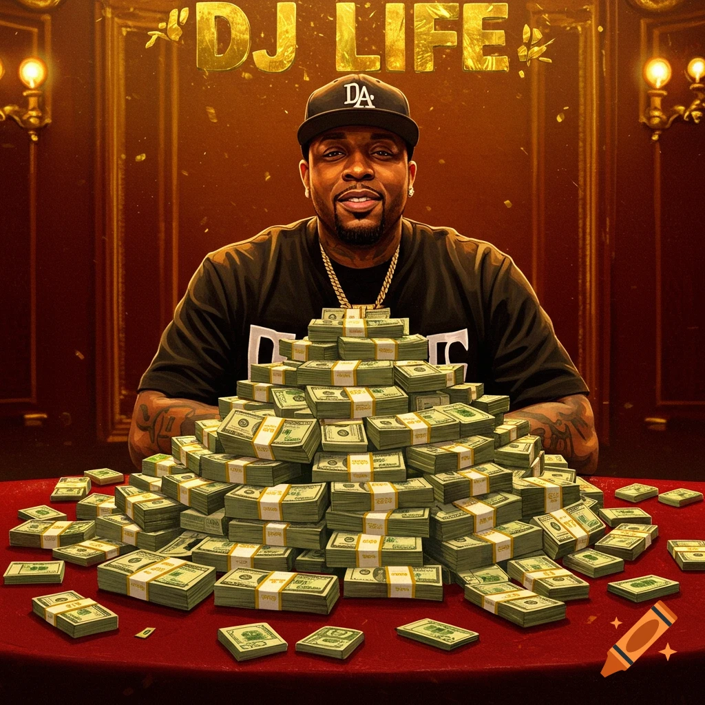 DJ sitting at table with stacks of money on Craiyon